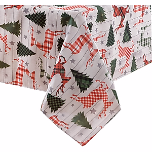 Newbridge Merry Reindeer Prance Country Rustic Christmas Fabric Tablecloth, Fun Cottage Reindeer and Xmas Tree Plaid Easy Care Holiday Tablecloth, 52” x 52” Square