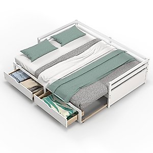 KOMFOTT Wood Daybed with Trundle, Extendable Twin to King Daybed Frame with 2 Storage Drawers, Space Saving Dual-use Sofa Daybed for Bedroom, Guest Room, No Box Spring Required (White)