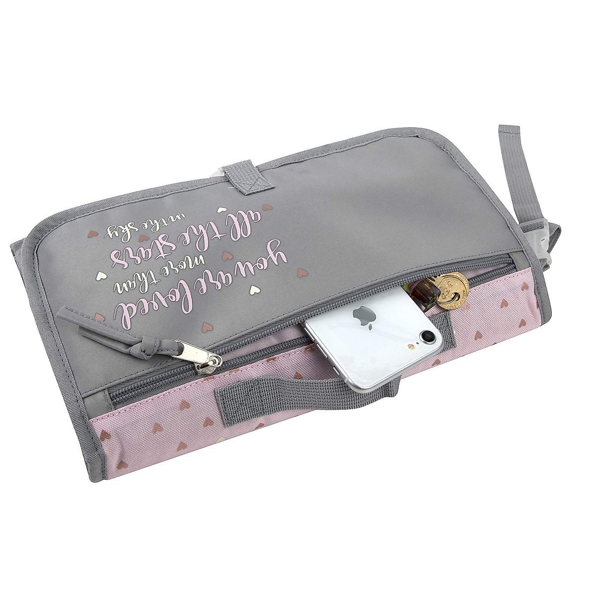 Baby Diaper Bag Tote 5 Piece Set with Pink Hearts, Saying, and Baby Portable Changing Pad, Diaper Bag, Travel Mat Station Gift Set