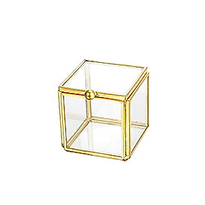 Feyarl Tiny Clear Glass Jewelry Trinket Box Ornate Rings Earrings Shadow Box Treasure Chest Organizer Decorative Keepsake Case with Lid for Wedding Birthday Gift (Gold)