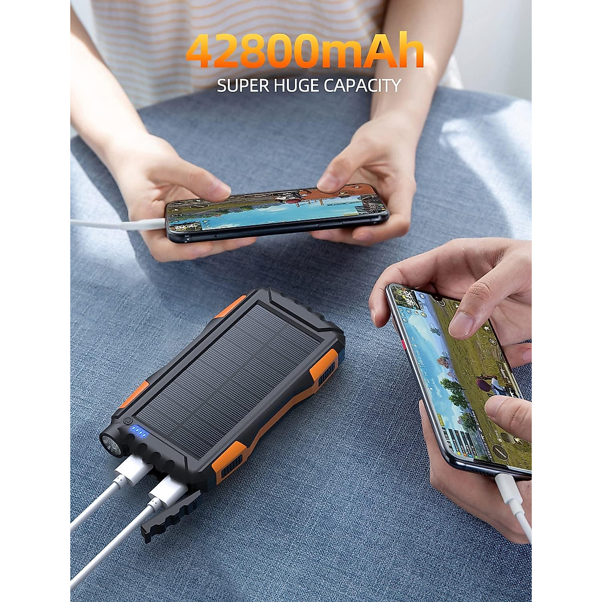 Power-Bank-Solar-Charger - 42800mAh Portable Charger,Solar Power Bank,External Battery Pack 5V3.1A Qc 3.0 Fast Charger Built-in Super Bright Flashlight (Orange)