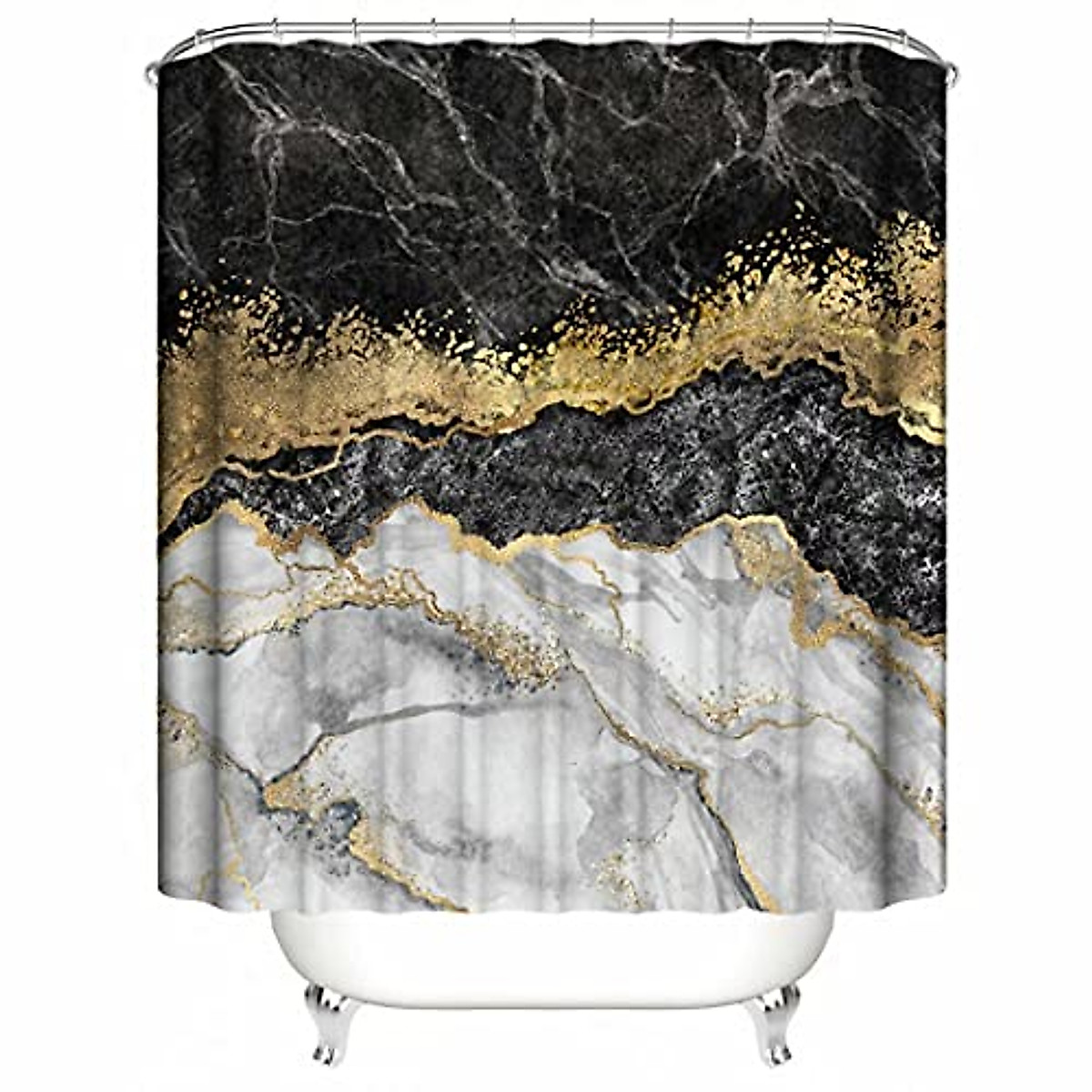 4Pcs Black Marble Shower Curtains Sets with 12 Hooks,Bathroom Curtains Shower Set Toilet Mat Lid Rug,Bathroom Sets Shower Curtain Sets and Rugs and Accessories,72x72 inch