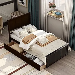 FIQHOME Twin Bed with Drawers,Platform Storage Bed, 2 Drawers with Wheels,Wood Bed Frame with Headboard and Footboard,Twin Size Frame, Espresso