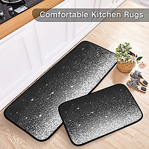 Black Bling Kitchen Rug Mats Shiny Glitter Floor Rugs Washable Non-Slip Carpet Area Comfortable Standing Mat for Bedroom Living Room Door Mat Decor