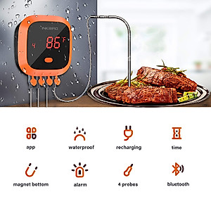 Inkbird Waterproof 150 FT Bluetooth Meat Thermometer IBT-4XC with Magnet, Timer, Alarm and 4 Probes, BBQ Grill Digital Wireless Meat Thermometer for Cooking, Smoker, Kitchen, Oven