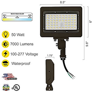 NUWATT LED Flood Light Outdoor 50W, Waterproof LED Flood Light with 1/2" Knuckle Mount, 7050 Lumens, 3CCT Color Selectable LED Flood Light for Yard Garden Garage Commercial, 100-277V, Bronze Finish