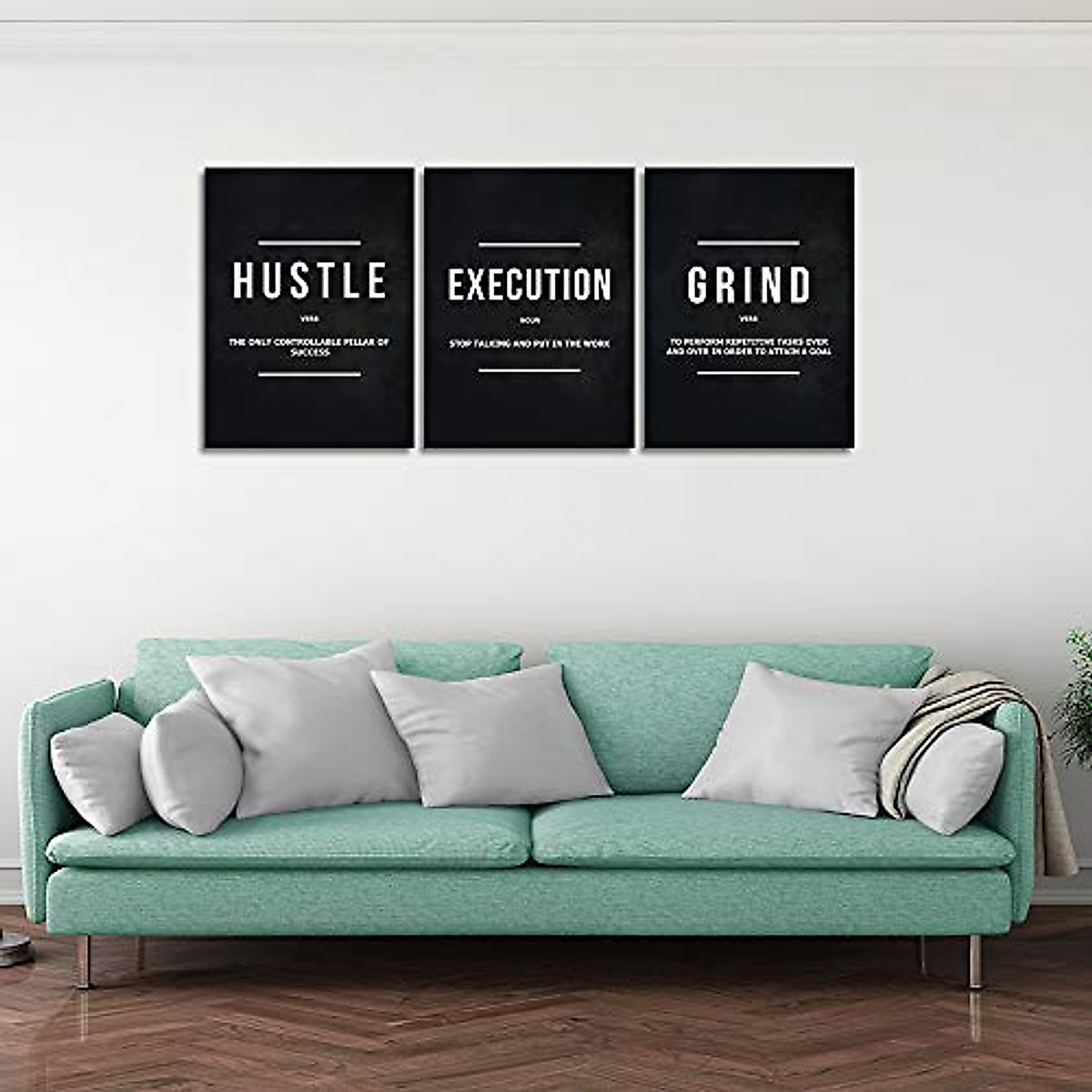 Motivational Posters Inspirational Wall Art Motivation Canvas Paintings Wooden Framed Hustle Wall Decor Black 3 Pieces Office Wall Art for Living Room Bedroom Home Decor Easy to Hang(36”Wx16”H)