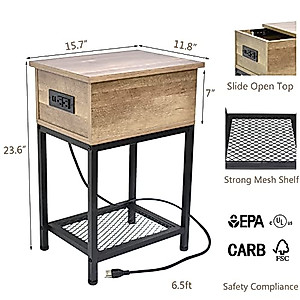 Nightstand with Charging Station USB Outlet, Narrow End Table with Storage Open Shelf, Couch Side Table Slide Top, Wood & Metal Modern Nightstand with Drawer for Bedroom Living Room Dorm, Light Brown
