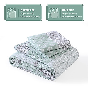 KALOOLA Sage Green King Size Quilt, 100% Cotton Soft Lightweight Quilted Bedding Set, Farmhouse Reversible Bedspread with 2 Pillowshams, Printed Floral Coverlet for All Season, 3 Pieces
