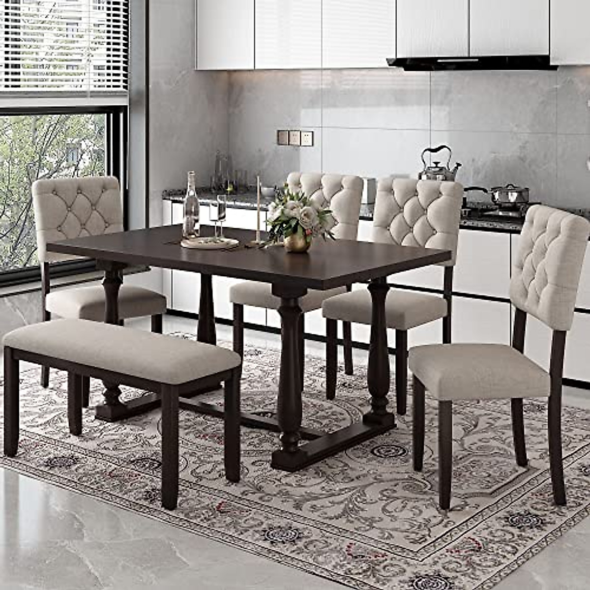 Merax 6 Piece Kitchen Dining Table Set, Wooden Rectangular Dining Table with Upholstered Bench and 4 Upholstered Chairs, Dining Room Set for 6 People, Living Room Furniture (Espresso, Cushions)