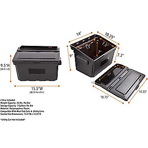 Tubstr Storage Bins for Utility Carts | 2 Attachable Plastic Tubs w/Removable Lids | 3 Gallon Bins Fit Most Utility Tub Carts | Easy Removable Storage for Tools & Supplies (Black /2-Pack/Bins Only)