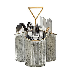 3 Compartment Vintage Galvanized Utensil Holder for Countertop Organizer, Multi-Purpose Caddy (Rustic, 7.8 x 8 x 10.6 In)