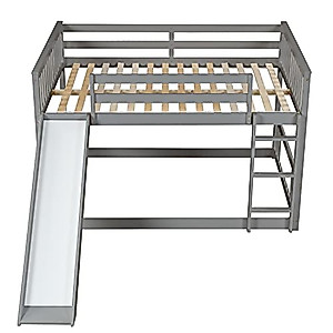 HomSof Solid Wood Full Over Full bunkbed with Slide，Full-Length Safety Guardrails,No Box Spring Needed,Grey