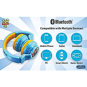 eKids Toy Story 4 Kids Bluetooth Headphones, Wireless Headphones with Microphone Includes Aux Cord, Volume Reduced Kids Foldable Headphones for School, Home, or Travel