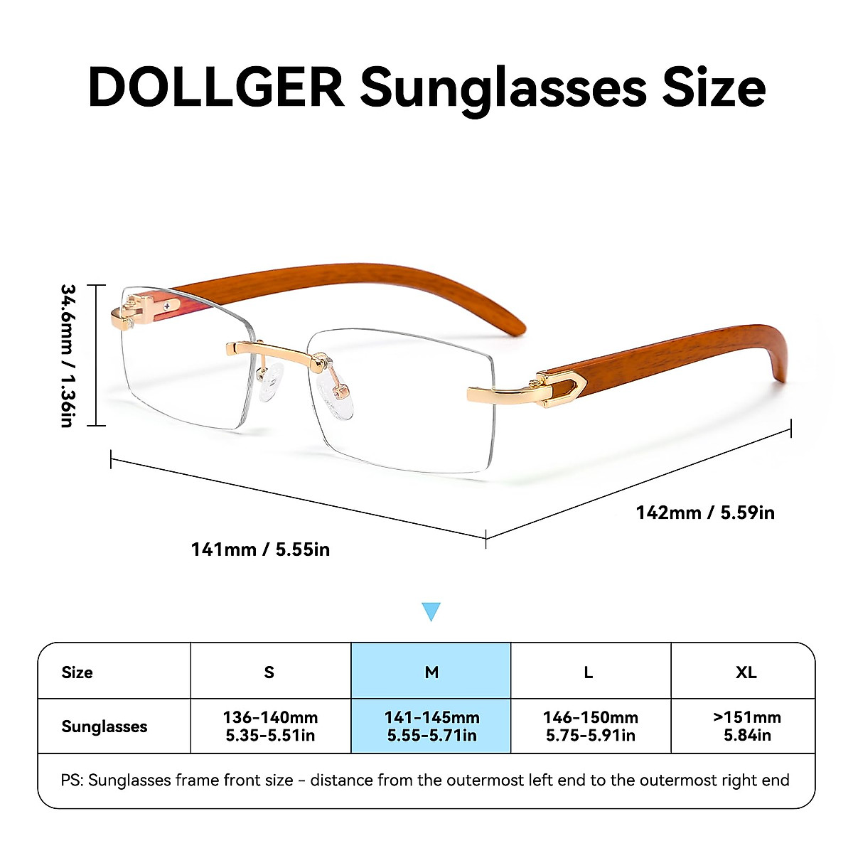 Dollger Rimless Rectangle Sunglasses for Men Women Hip-hop Plastic Imitation Woodgrain Legs Small Square Sunglasses Colorful Fashion Frameless 70s 90s Shades (Imitation Wood-Gold Frames/Clear Lens)