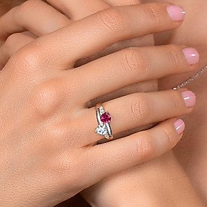 Gem Stone King 925 Sterling Silver Red Created Ruby Sky Blue Aquamarine and Lab Grown Diamond Women Engagement Ring (1.06 Cttw, Heart Shape 5MM, Available in size 5, 6, 7, 8, 9)