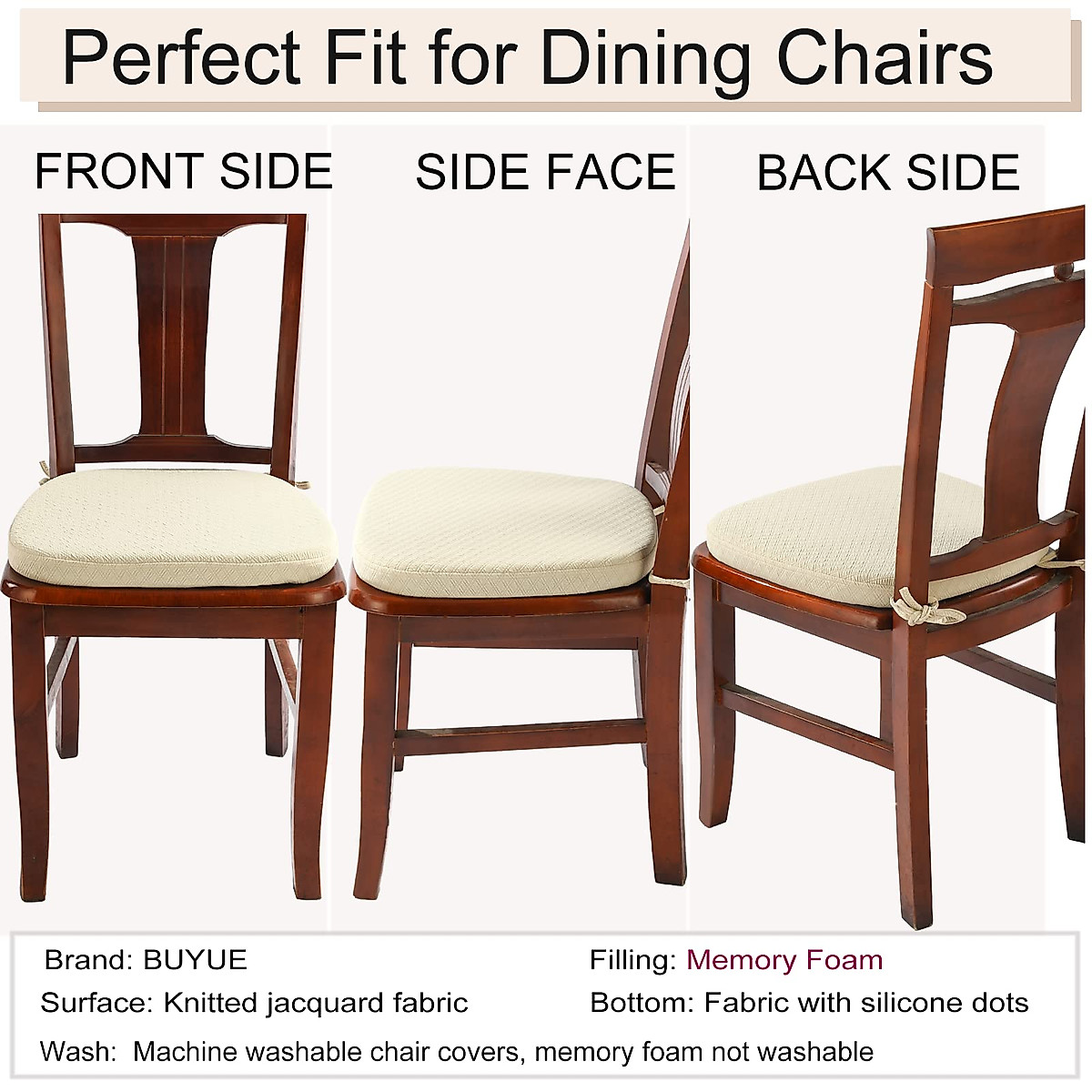 BUYUE Luxury 100% Pure Memory Foam Chair Cushion 1 Pack, Jacquard 16" U-shape Comfortable Dining Chair Pad, Removable Slip Resistant Kitchen Chair Seat Cushion, (1 piece, Beige)