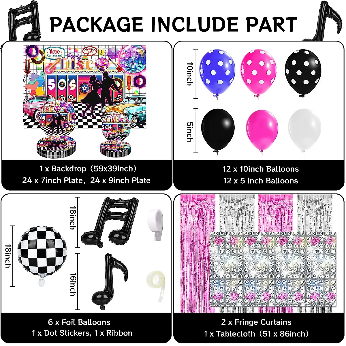 50s Party Decorations - Music Birthday Party Supplies Backdrop Banner- Paper Dinner Dessert Plates Tinsel Curtains Tablecloth Balloons 50's Music Theme Birthday Party Decorations Party Favors