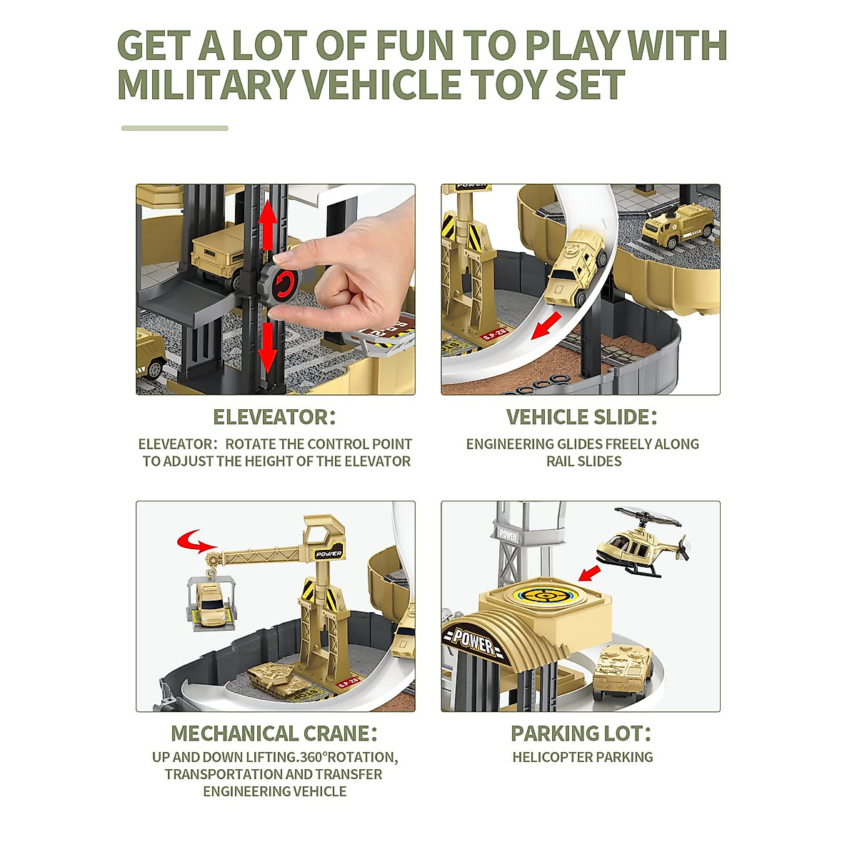 Siairo Construction Toy Construction Vehicles Trucks, Car Track Toy, Vehicle Playsets with Race Track, Excavator Crane Bulldozer Helicopter Toy for Boys Toddlers Kids (Military Theme)