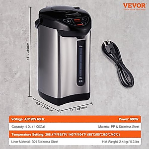 VEVOR Hot Water Dispenser 4.2 Qt/135 oz, Water Boiler and Warmer, 4 Warmer Temperatures, 3-Way to Dispense for Tea, Coffee and Baby Formula