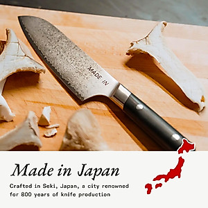 Made In Cookware - 6" Japanese Damascus Steel Santoku Knife - 66 Layers of Damascus Steel with a VG-10 Core - Crafted in Japan - Full Tang With Black POM Handle