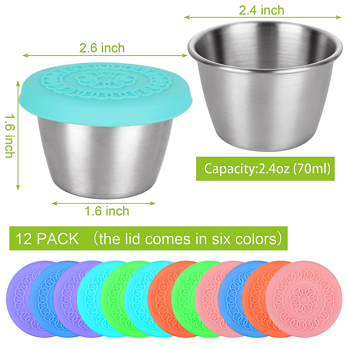 12PCS Metal Sauce Cups 2.5oz Ramekins, Stainless Steel Dipping Sauce Cups with Lids, Reusable Salad Dressing Container To Go, Sauce Containers Small Bowls for Lunch Bento Box, Party Picnic Travel