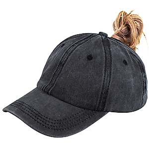 Eohak Ponytail Baseball Hat Distressed Retro Washed Womens Twill Black