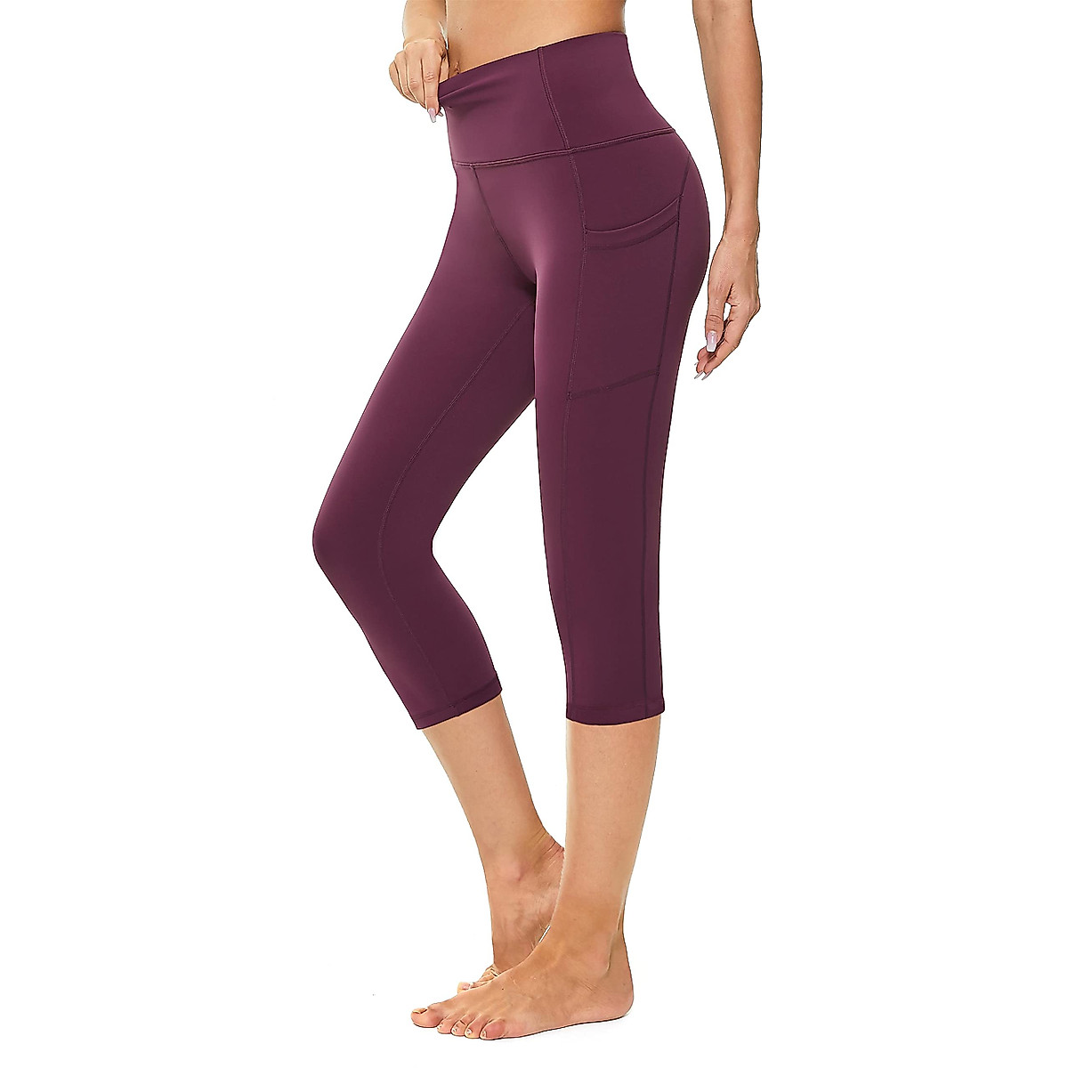 Sugar Pocket Women's High Waist Yoga Pants with Pockets?Workout Running Yoga Leggings for Women M, Dark Red Capri