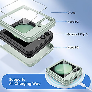 Ruky for Galaxy Z Flip 5 Phone Case, Built-in Back Screen Protector, Hard PC Ultra Slim Anti-Scratches Shockproof Wireless Charging Phone Case for Samsung Galaxy Z Flip 5, Mint Green