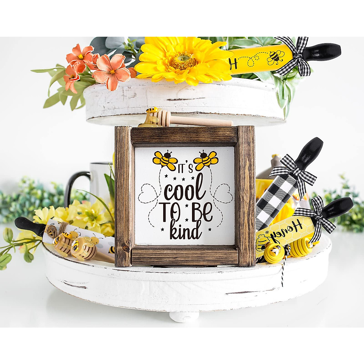 Whaline 4Pcs Honey Bee Mini Rolling Pins Bee Tiered Tray Decor with Bow Black Yellow Home Kitchen Wooden Farmhouse Bee Happy Decoration Table Centerpiece for Shelf Mantelpiece