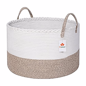 Extra Large 100% Cotton Rope Basket 21.7" x 21.7" x 13.8"-XXXL Woven Blanket Basket with Handles/Clothes Hamper Collapsible/Portable Nursery Storage Bin/Baby Toys Box/Laundry Baskets for Kids