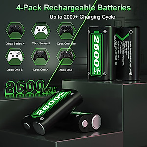 Rechargeable Battery Packs for Xbox Series X|S/Xbox One, Ponkor 4x2600mAh Batteries with High-Speed Charging Station for Xbox One S/Xbox One X/Xbox One Elite Controller