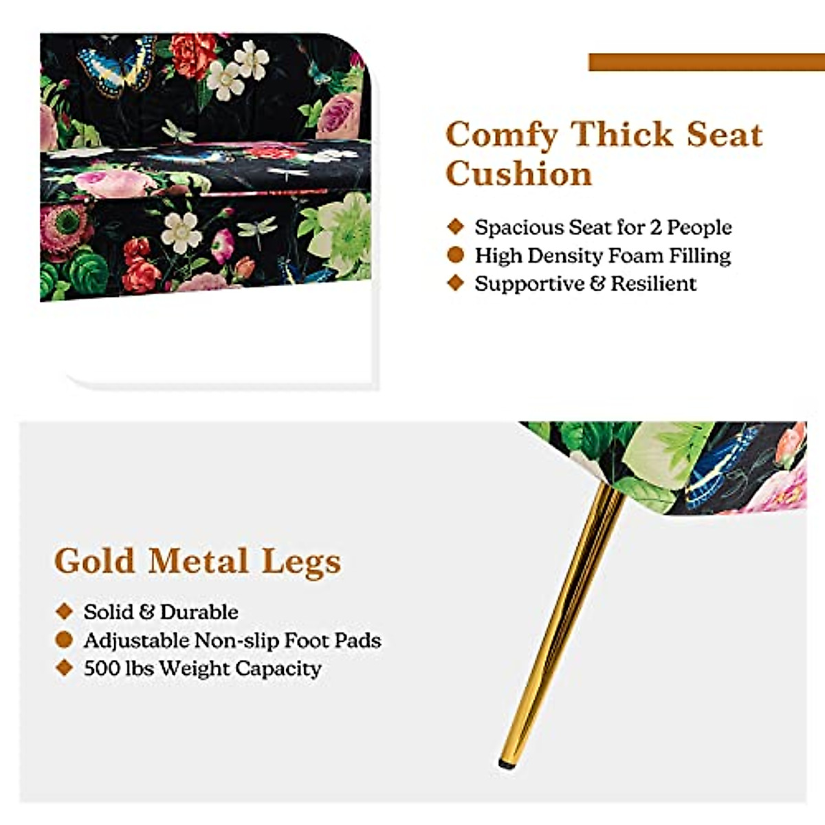 HULALA HOME Mid-Century Loveseat Sofa with Metal Legs, Comfy Upholstered Small Love Seat Couch, Floral Patterns 2-Seat Armless Couch with Tufted Back for Living Room, Apartment Small Spaces(Black)