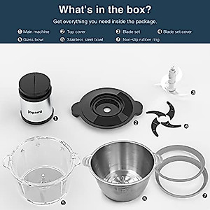 joyami Meat Grinder Electric Food Processor 2L Food Chopper with 4 Sharp Blades, Stainless Steel Bowl and Glass Bowl, 400W