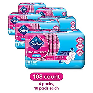 Saba Ultra Invisible Ultra Thin Pads with Wings, 108 Count (6 Packs of 18)