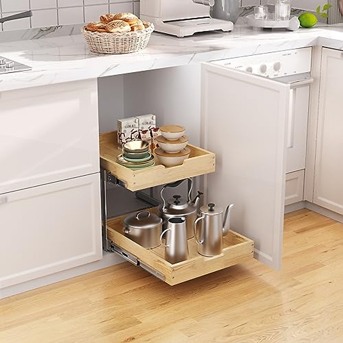 Sikarou Wood Pull Out Cabinet Organizer 2 Tie 26" W x 21" D, Heavy-Duty Sliding Drawers for Inside Cabinets Storage and Organization for Kitchen, Pantry, Bathroom