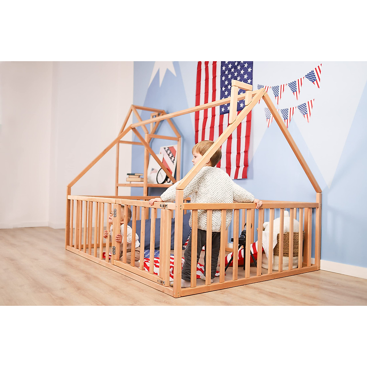 BUSYWOOD House Wooden Playpen - Montessori Floor Bed with Safe Gate - Toddler Bed - Floor Bed - Frame with Fence and Door - Toddler Bedroom Furniture - Full, Twin, Queen, King size (Model 6)