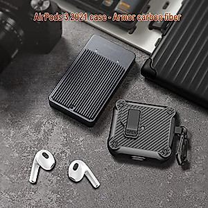 R-fun Airpods 3rd Generation Case with Automatic Secure Lock Clip, Armor Protective Hard TPU Case Cover for Apple Airpods 3 2021 Charging Case with Carbon Fiber Keychain-Black