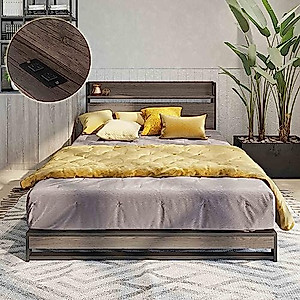 RIDFY Queen Bed Frame with Headboard & Socket, Industrial Platform Camas with Storage Shelves,Mattress Foundation/Slats Support/No Box Spring Needed/Noise-Free