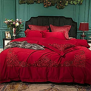 BONOOL 4-Piece Bed Sheet Set Duvet Cover Set Egyptian Cotton Lace Wedding Set 4 Pieces Red King Queen Size Bedclothes Cover Set Pillowcases Luxury Set (Size : Queen) (King)