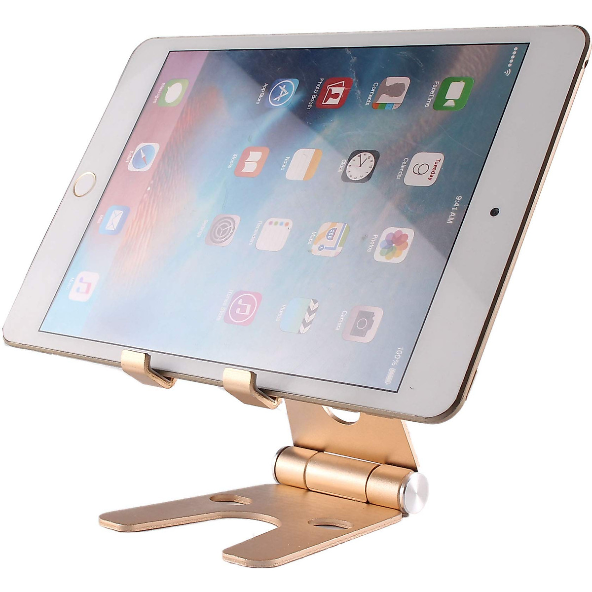 Pokanic Cell Phone Tablet Fully Foldable Stand Dock Holder Cradle Mount Organizer Charger Station Table Desk Bed Office School Kitchen Travel Portable Adjustable Multi-Angle Aluminum (Gold)
