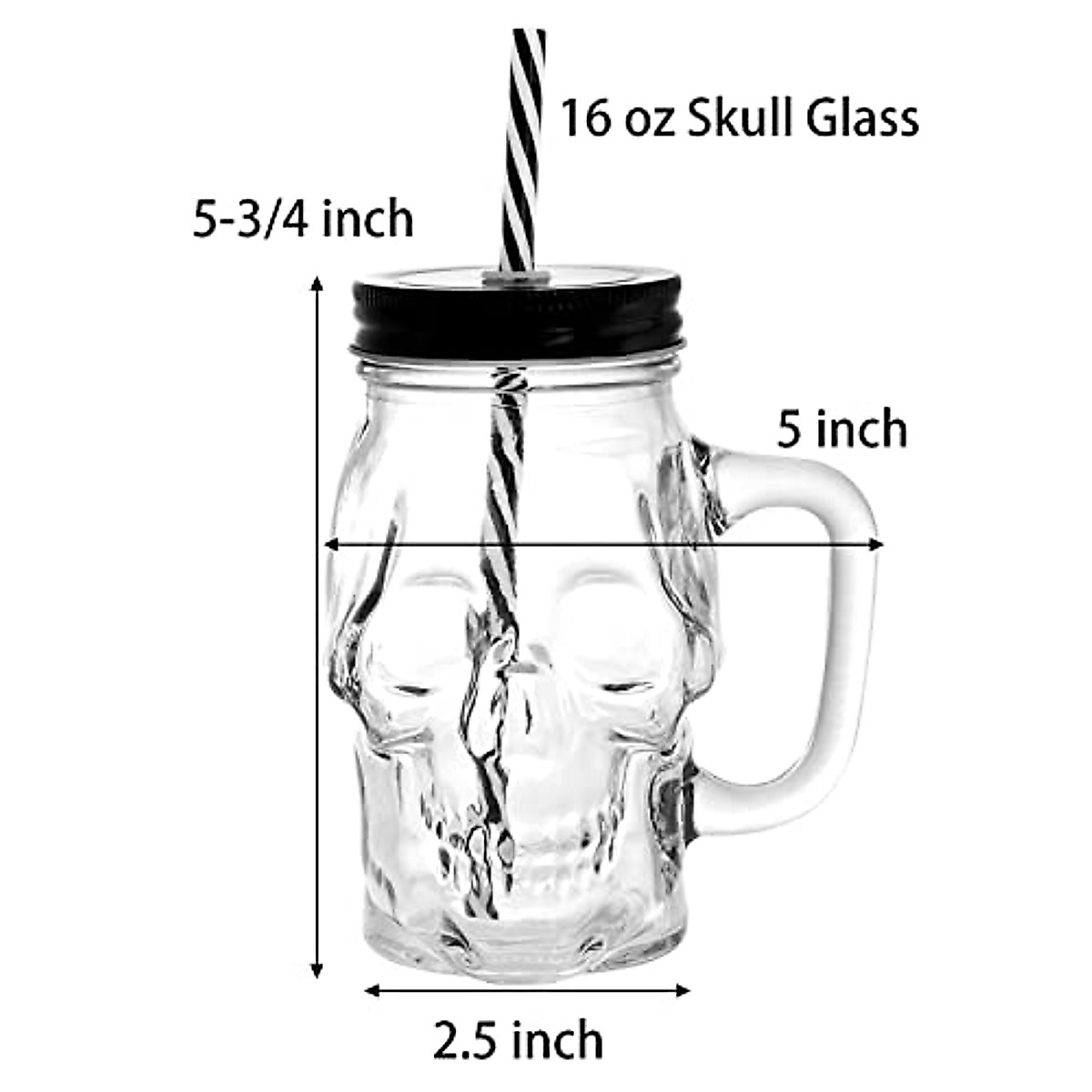 TOPZEA 6 Pack Glass Mason Drinking Jars with Handle, 16 Oz Skull Beer Mugs Wide Mouth Tumbler Cup with Straws, Pub Bar Drinking Mugs for Beverage, Liquor, Cold Drinks