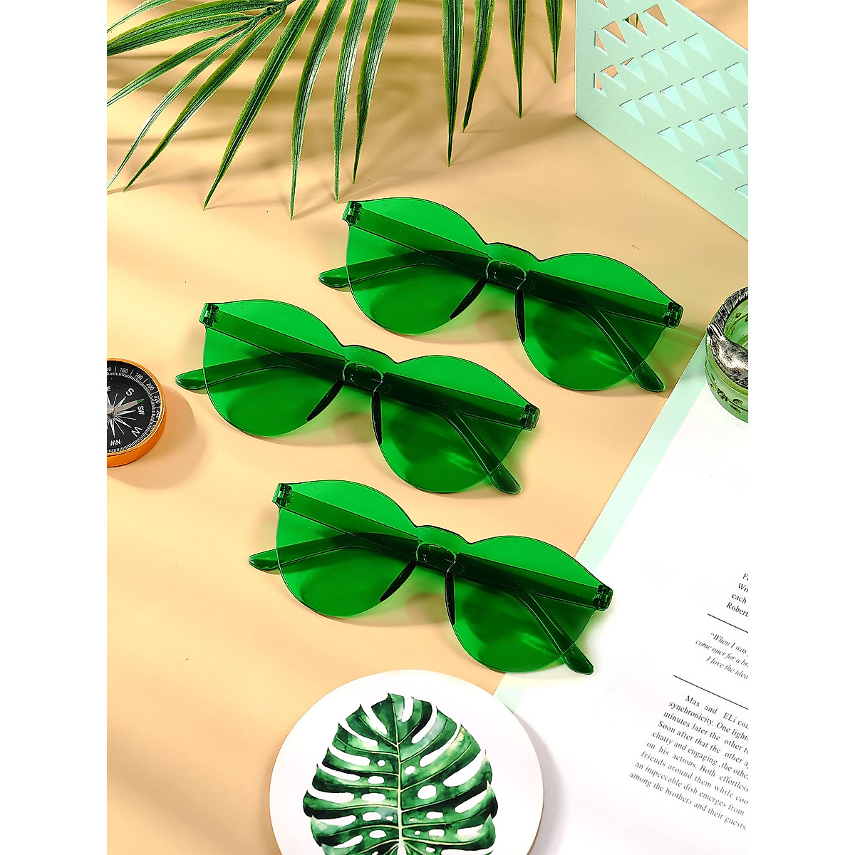 Hoteam 24 Pairs Rimless Round Sunglasses Bulk Tinted Party Sunglasses Transparent Candy Color Eyewear for Women Men Party (Green)