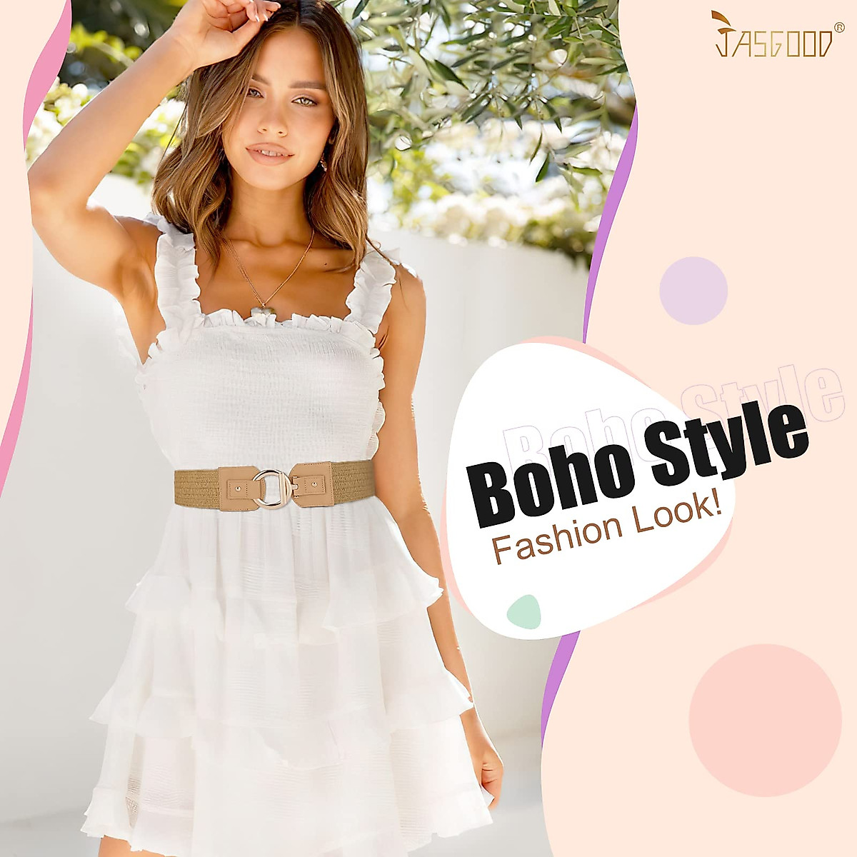 JASGOOD Straw Woven Elastic Belt for Women Vintage Wide Stretch Waistband for Dress Boho Ladies Summer Dress Belt