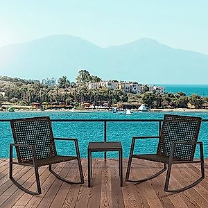 Eongdn 3 Pieces Outdoor Rocking Chairs Set, Wicker Bistro Set with 2 Rocking Chair, All Aluminum Side Table, for Lawn, Garden, Courtyard, Balcony, Brown Rattan Grey Frame