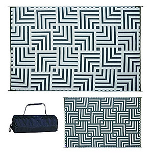 Stylish Camping 276094 6-feet by 9-feet Reversible Mat, Plastic Straw Rug, Large Floor Mat for Outdoors, RV, Patio, Backyard, Picnic, Beach, Camping - Geometric Mat (Olive Green/Beige)