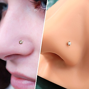 COCHARM 10k Solid Gold Clear CZ Nose Stud 20g 10K Yellow Gold Nose Screw Nose Rings Hypoallergenic S Shape Nose Piercing For Women Men