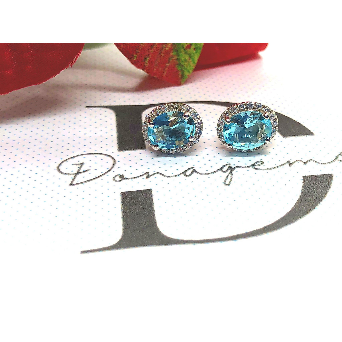 DONAGEMS 9x7 Oval Cut Gemstone Halo Studs Earrings with Push Back - Aquamarine