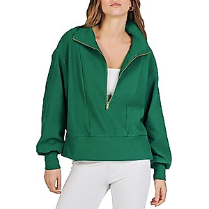Caracilia Womens Cropped Sweatshirts Quarter Zip Pullover Half Zip Hoodies Long Sleeve Fleece 2023 Fall Casual Ribbed Knit Outfits Sweater Preppy Clothes C105A0-caolv-M Green