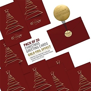 easykart labels 20 Christmas Greeting Cards with Gold Foiling Xmas Tree, 6.75 x 4.5 Size, Dark Red Self Paper with Red Envelope with Seal Stickers For Friends, Family and loved Ones